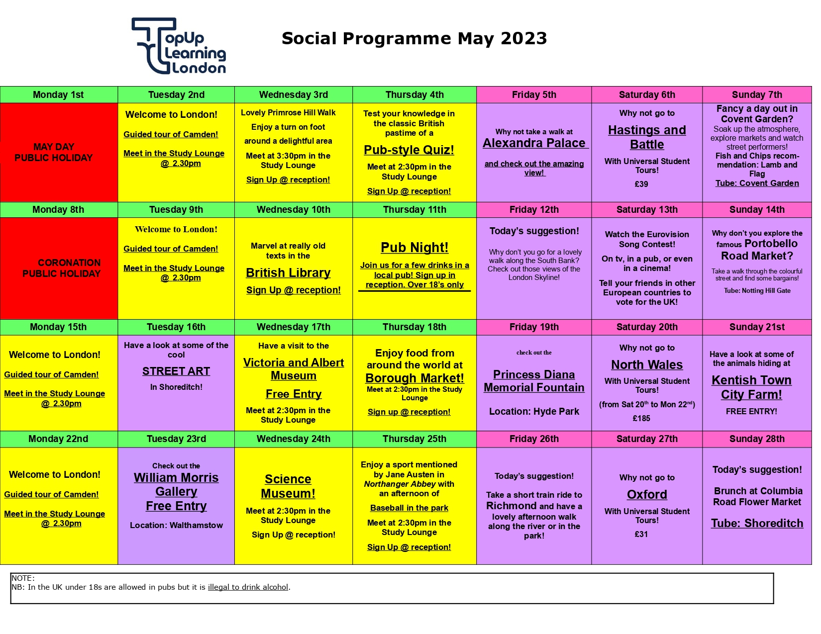 Learn English in London - Social Programme - TopUp Learning London (Tti)